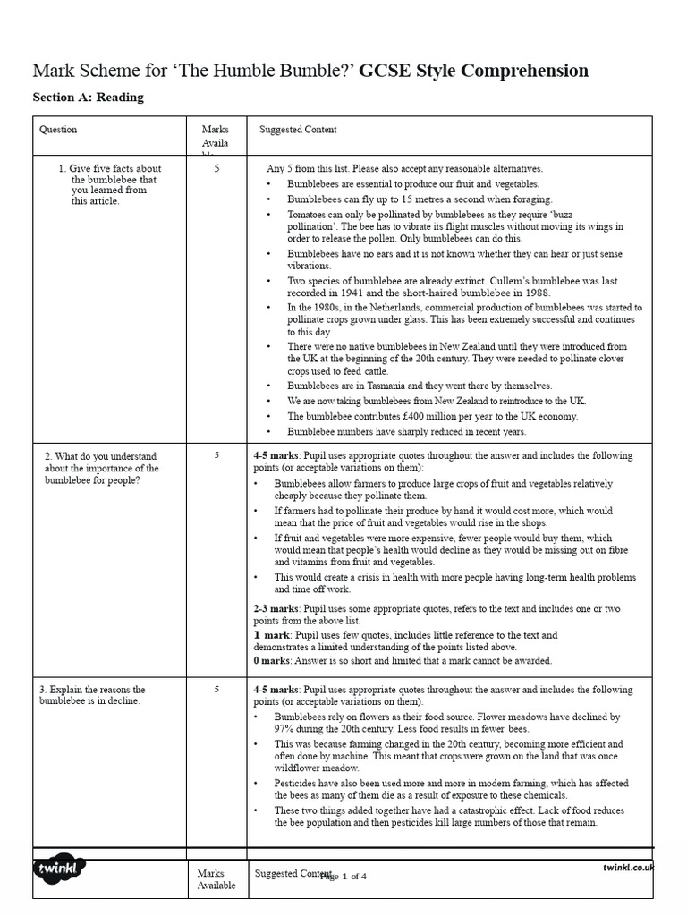 GCSE Style Reading and Writing Assessment - Bumblebees - Mark Scheme ...