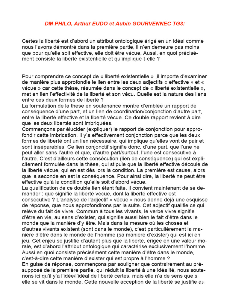 Liberté existentielle : lien entre vécue et effective | PDF | Liberté ...
