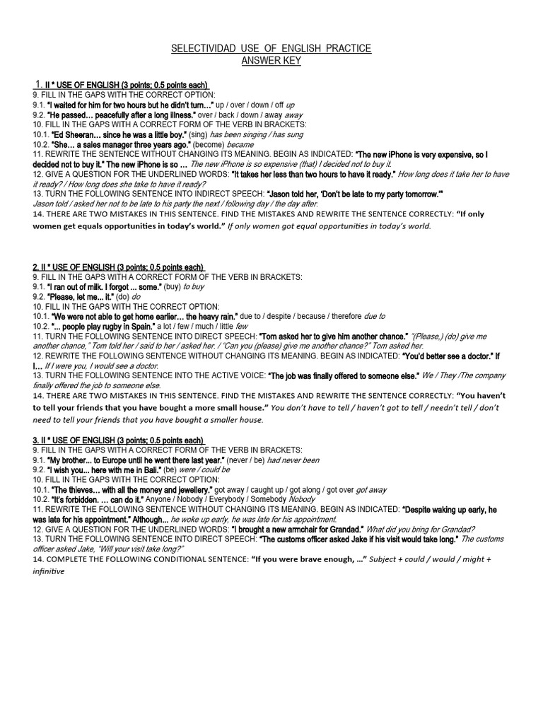 English Exam Practice Key | PDF | English Language | Subject (Grammar)