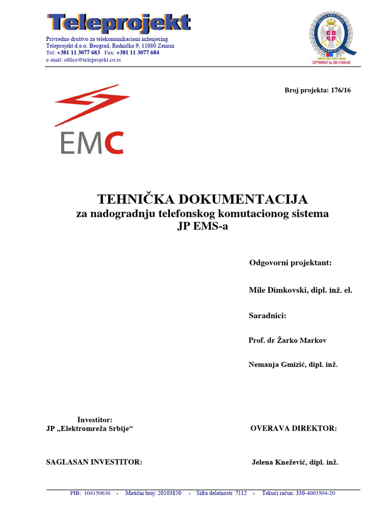 TEHNICKA DOKUMENTACIJA EMS - v2 Nadogradnja Komutacionog Sisitema Zarko Markov | PDF