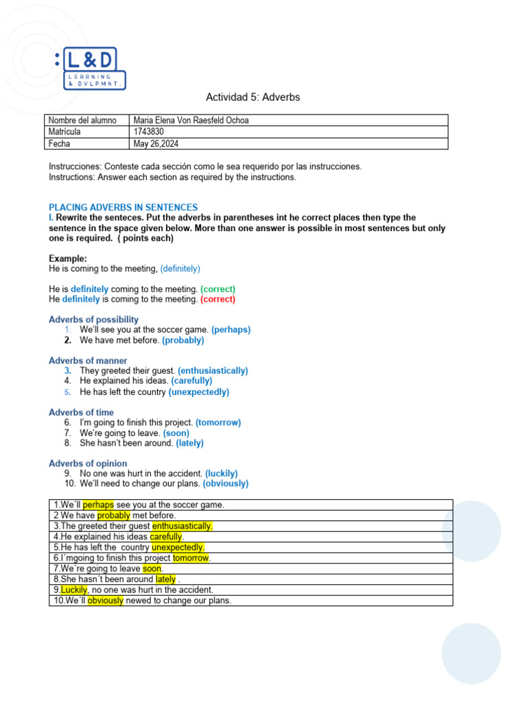 Adverb Placement Exercise Guide | PDF