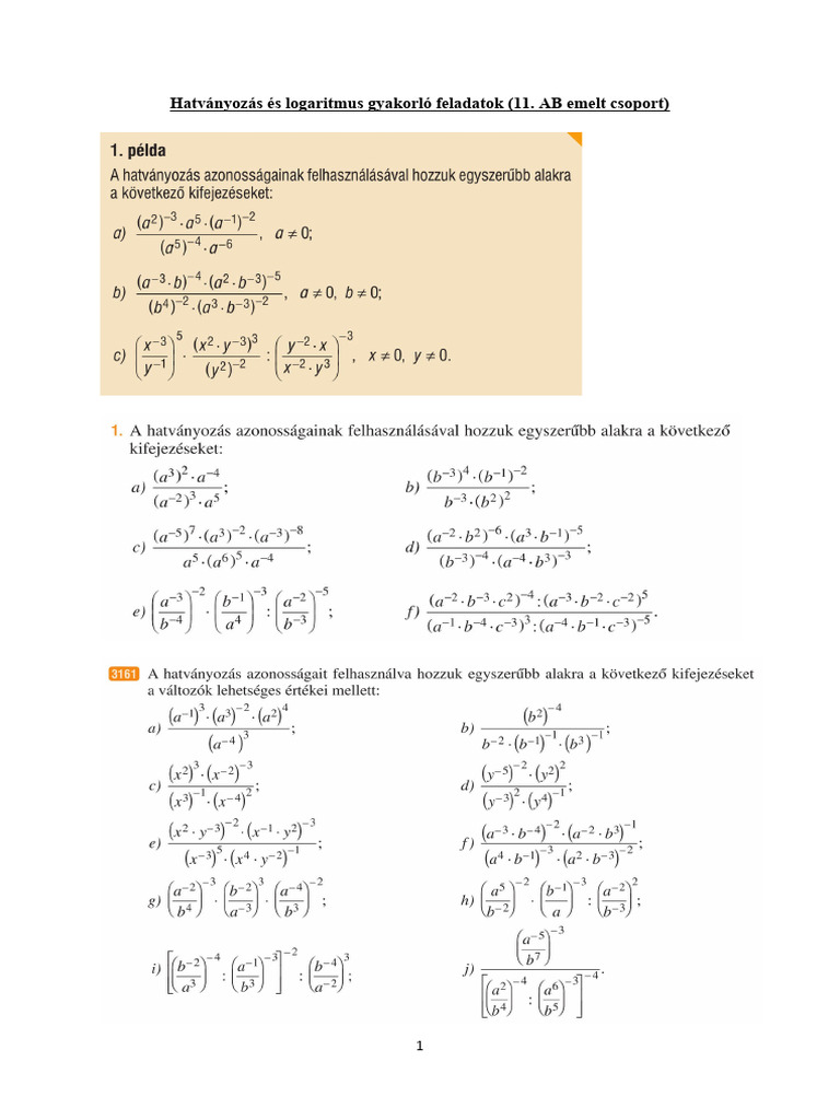 Hatványozás És Logaritmus Gyakorló Feladatok | PDF