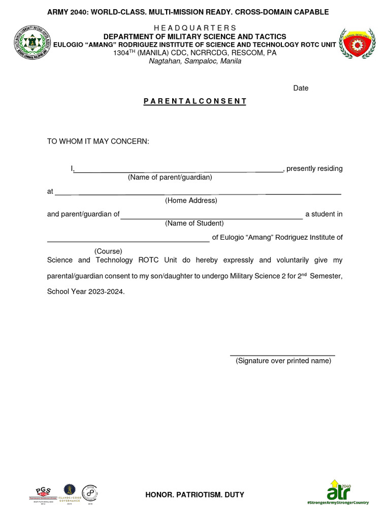 Parental Consent for Military Training | PDF
