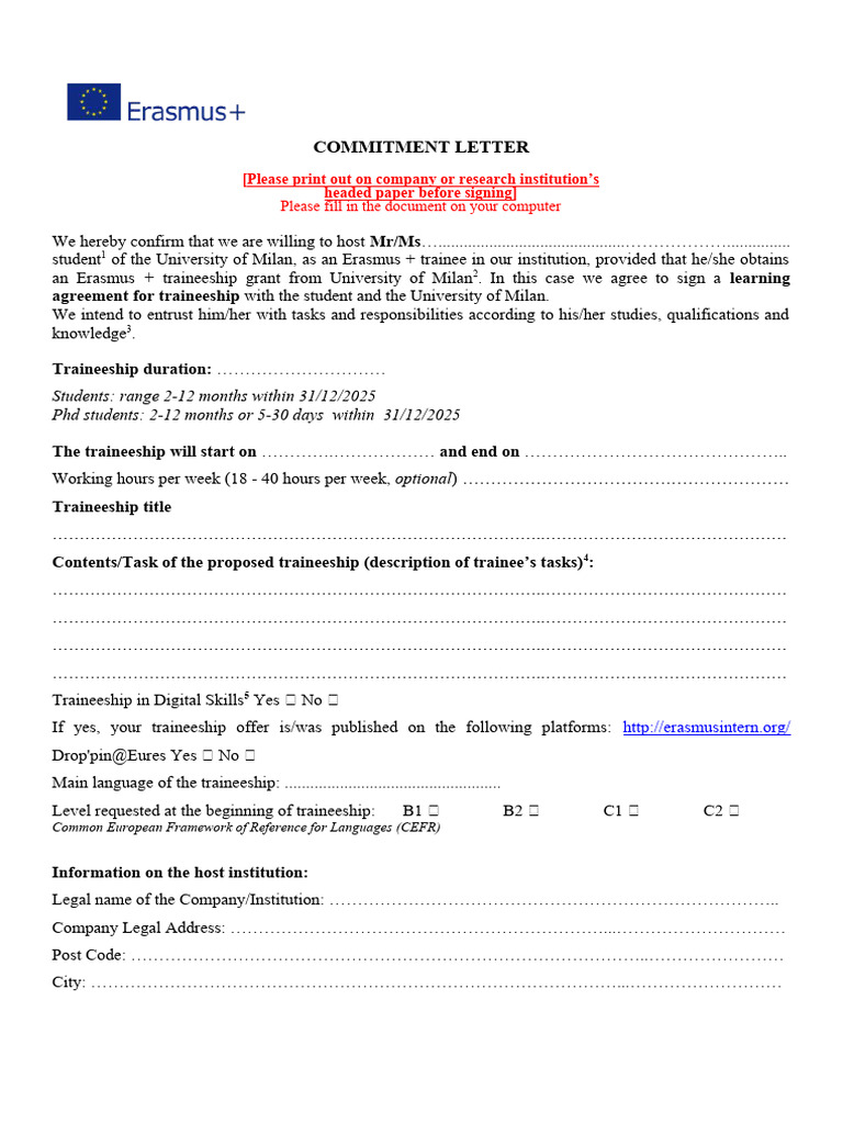 Erasmus+ Traineeship Commitment Letter | PDF | Regulatory Compliance