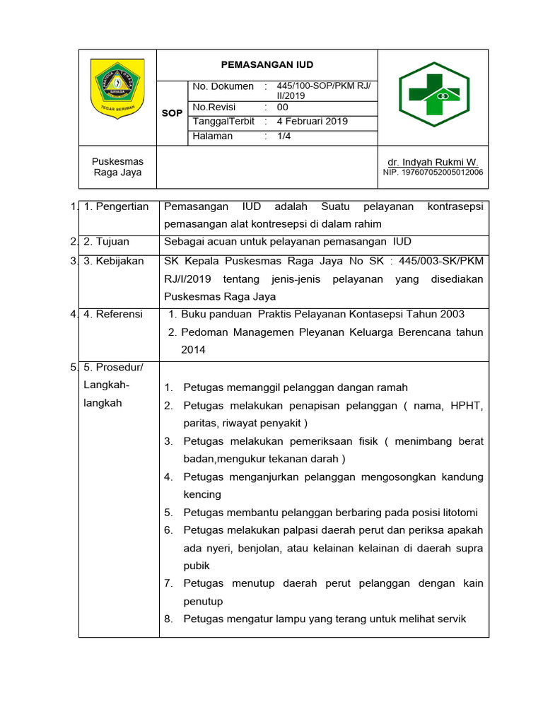 Sop Pemasangan Iud A Coper T | PDF