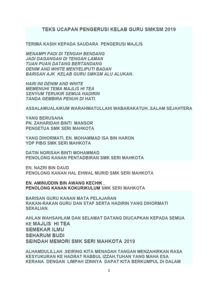 Teks Ucapan Pengerusi Kelab Guru SMKSM 2019 | PDF | Karier ...