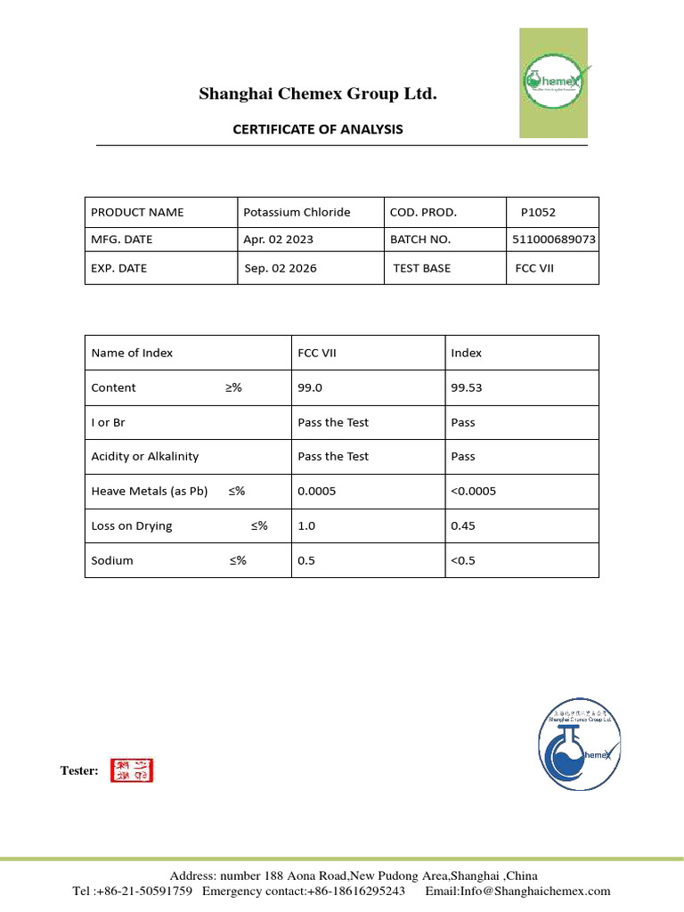 Potassium Chloride, Food Chloride CoA | PDF