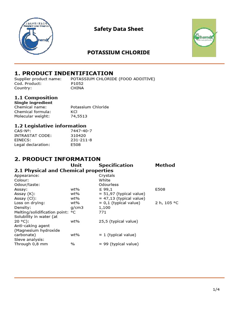 Potassium Chloride Food Additive Specs | PDF | Potassium Chloride ...