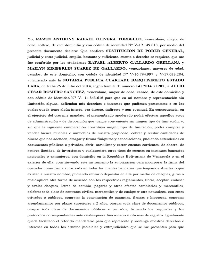 Sustitucion Poder General Julio Romero | Descargar gratis PDF | Documento de identidad | Venezuela