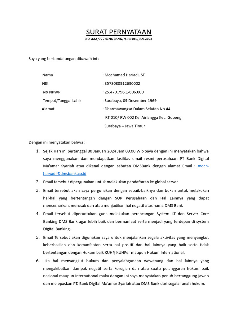 Surat Pernyataan Penggunaan Email DMS Bank | PDF