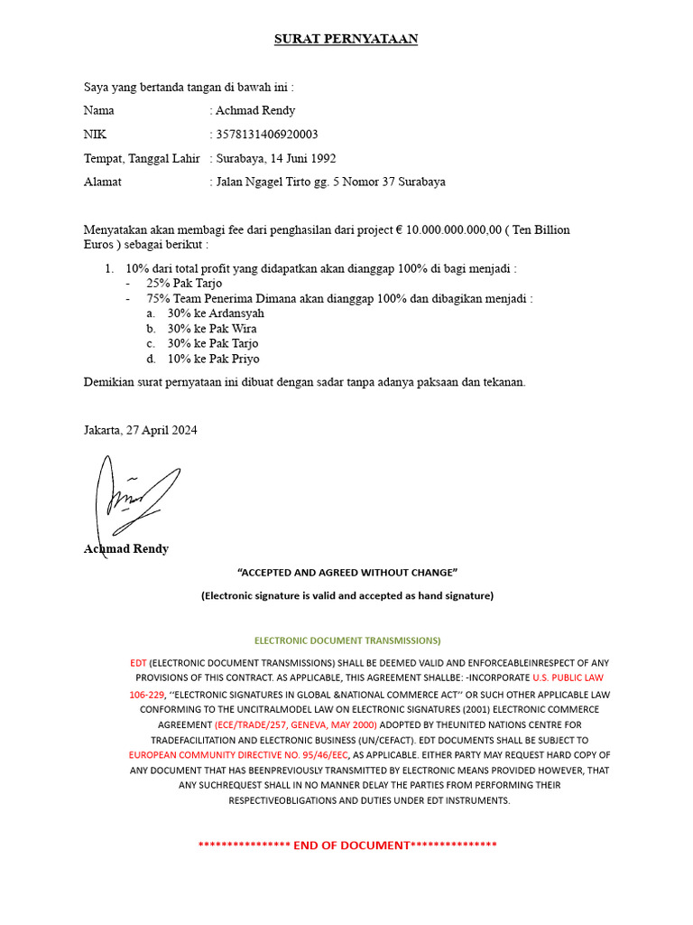 Surat Pernyataan Fee | PDF