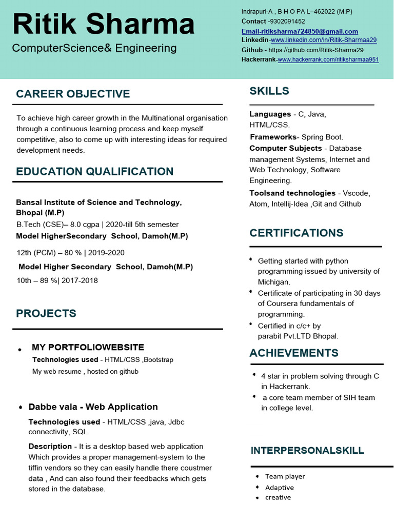 Ritik Resume | PDF | Databases | World Wide Web