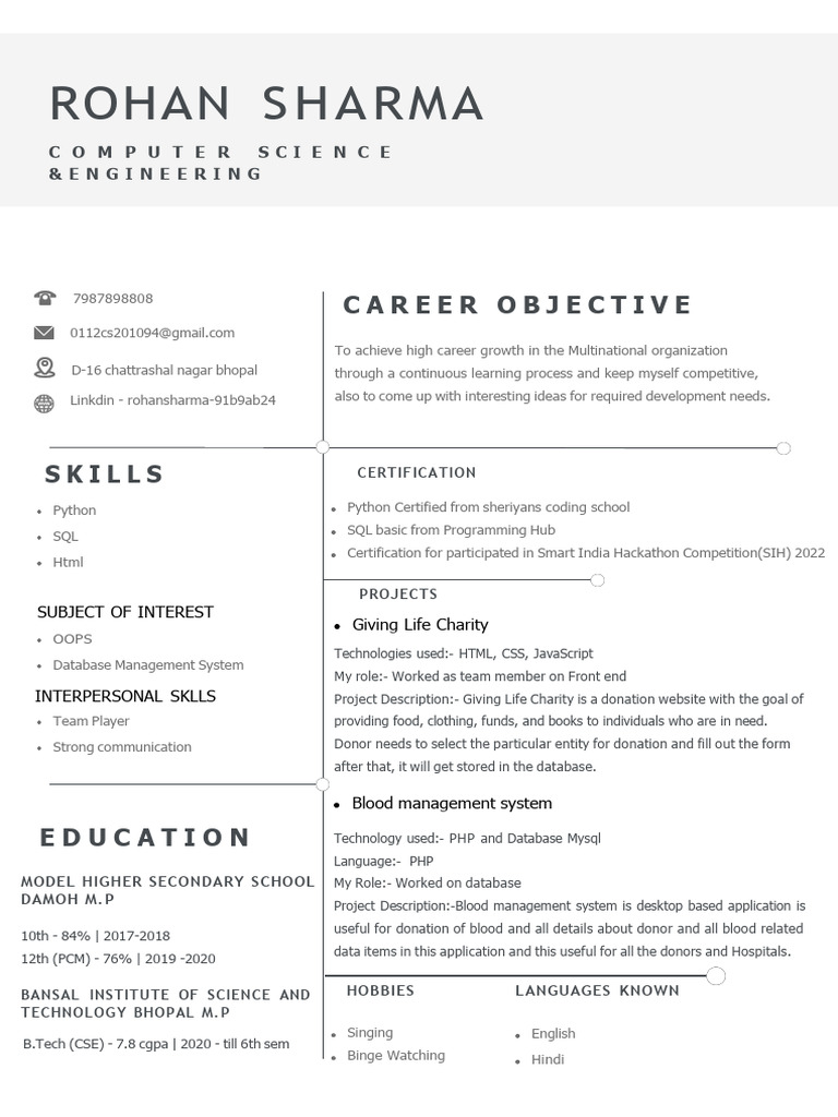 Rohan Sha Rma: Career Objective | PDF | Databases | Computing