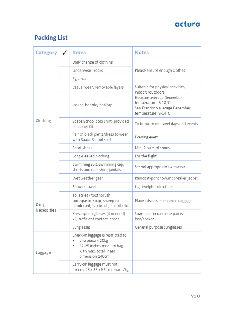 Essential Packing List for Space School | PDF | Clothing | Softlines ...