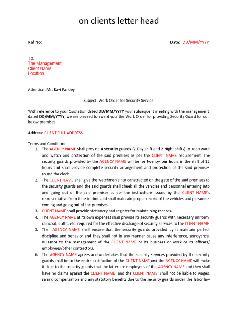 Work Order Format - by Client | PDF | Employment | Security Guard