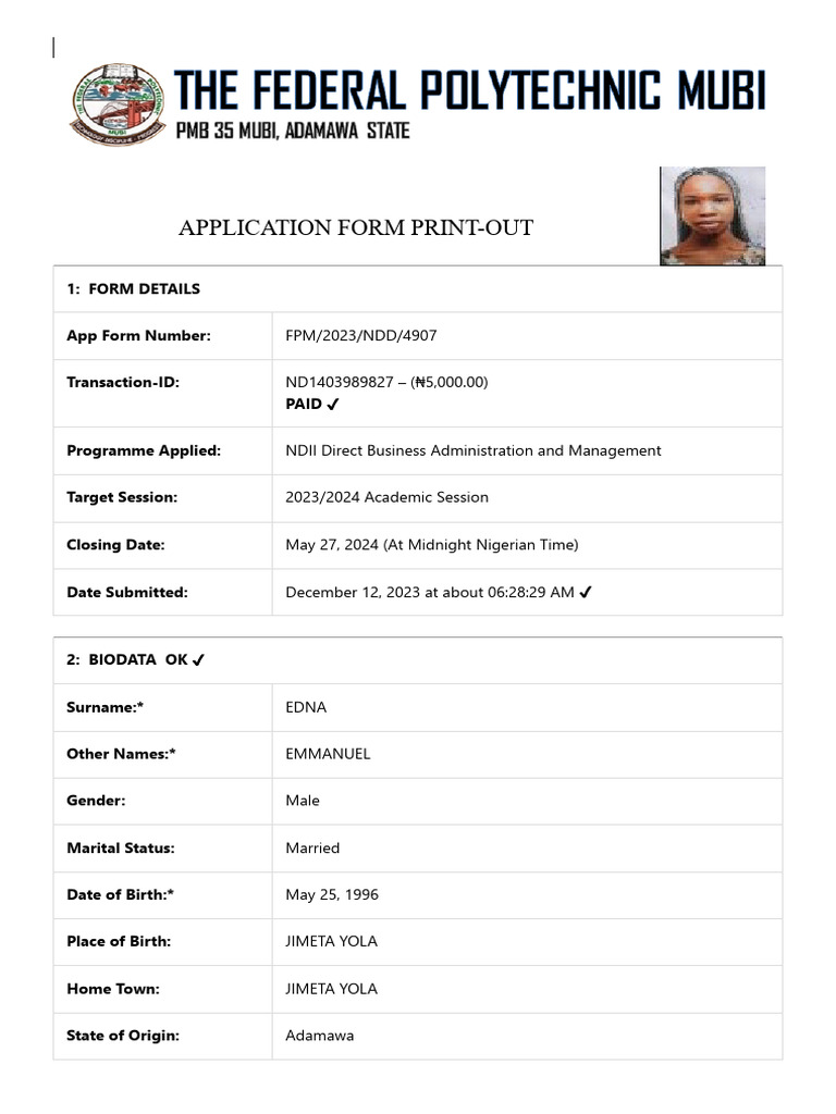 Eforms Print-Out Federal Poly, Mubi | PDF | Vocational Education ...