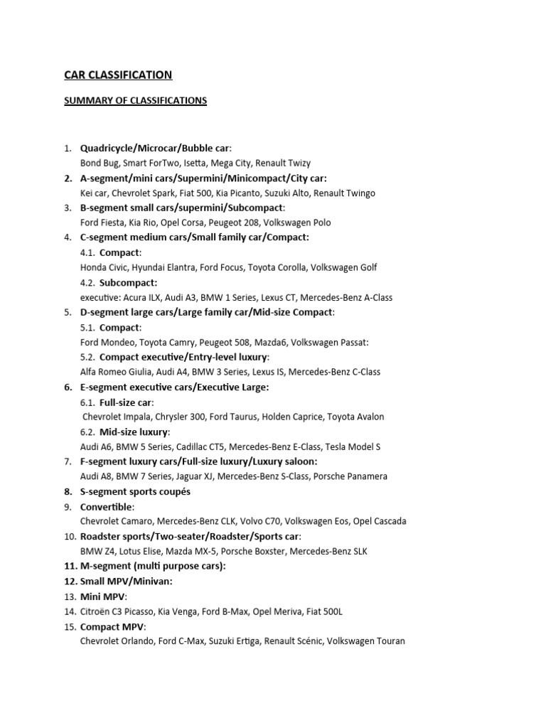 Car Classifications | PDF | Bus | Compact Car