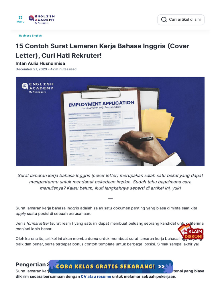 15 Contoh Surat Lamaran Kerja Bahasa Inggris (Cover Letter), Cur | PDF ...