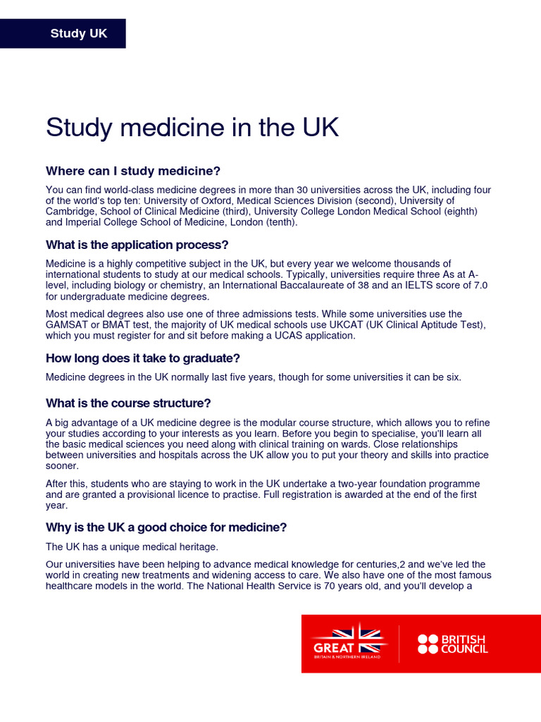 Study UK Medicine Subject Fact Sheet A4 Portrait | PDF | Medical School ...