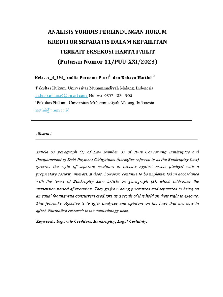 Analisis Yuridis Perlindungan Hukum Kreditur Separatis Dalam Kepailitan Terkait Eksekusi Harta ...