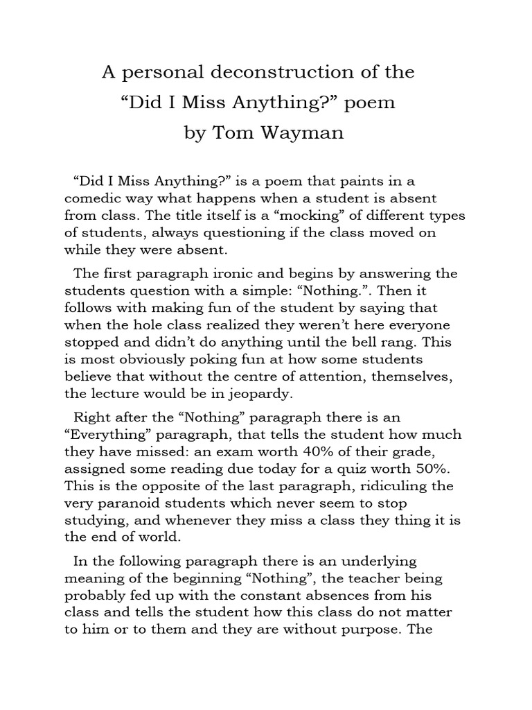 Analysis of "Did I Miss Anything?" Poem | PDF | Experience