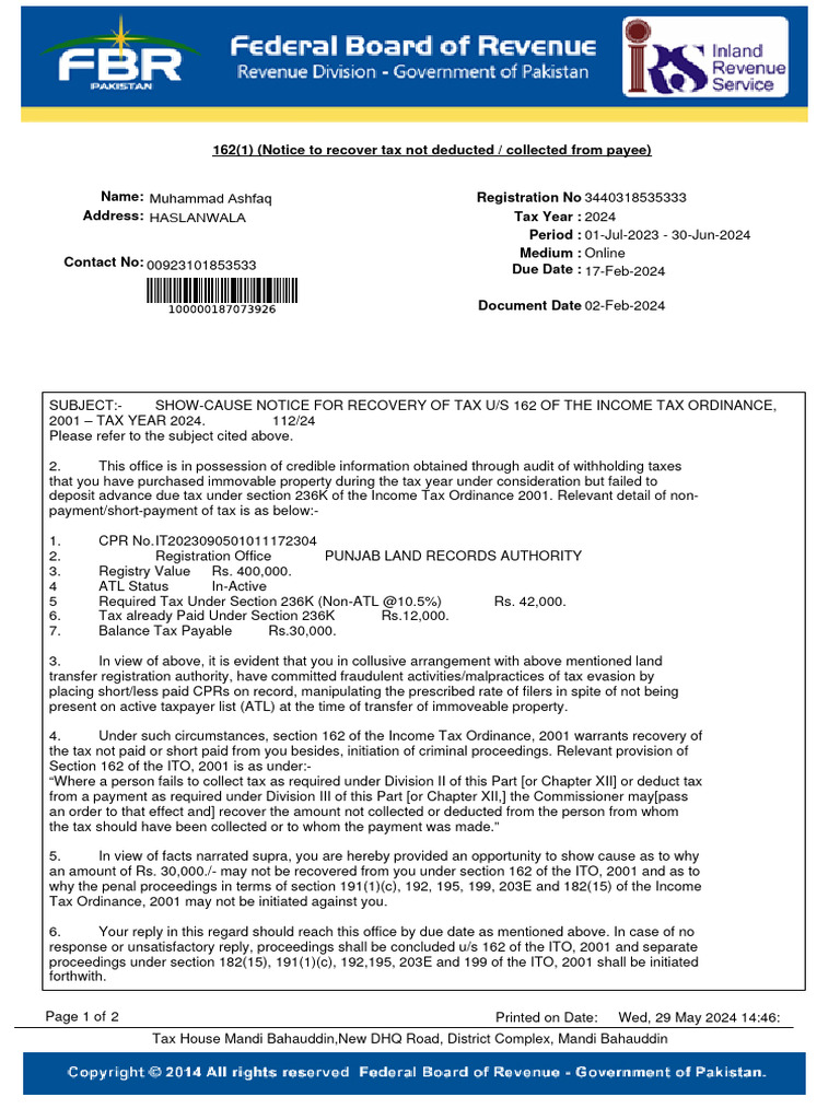 Show-Cause Notice for Tax Recovery 2024 | PDF | Taxes | Income Tax