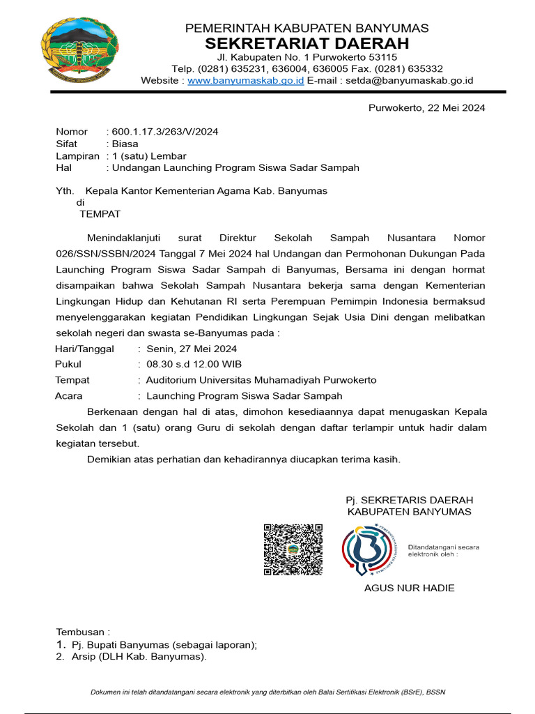 Surat Undangan Launching Program Siswa Sadar Sampah | PDF