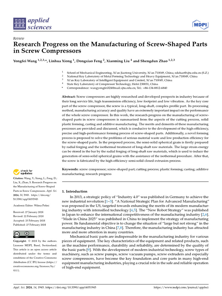 Research Progress On The Manufacturing of Screw-Shaped Parts in Screw Compressors | PDF ...