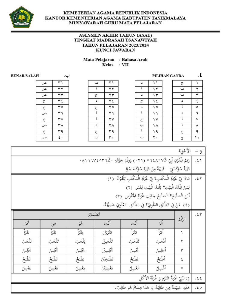 13 Kunci Jawaban ASAT B. Arab Kelas 7 TH 2023-2024 | PDF