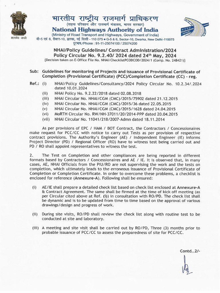 NHAI Guidelines For Monitoring Projects Issuance of PCC - CC | PDF