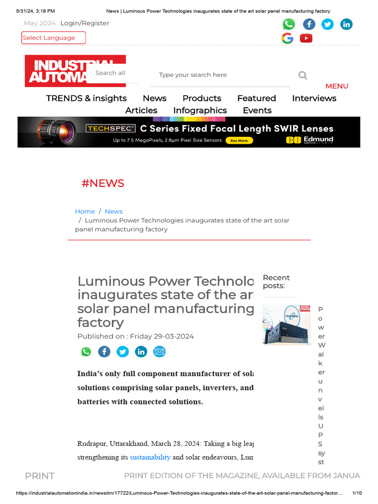 News - Luminous Power Technologies Inaugurates State of The Art Solar ...