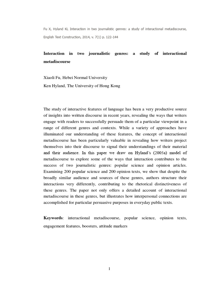Fu & Hyland 2014 Interactional Metadiscourse | PDF | Rhetoric | Science