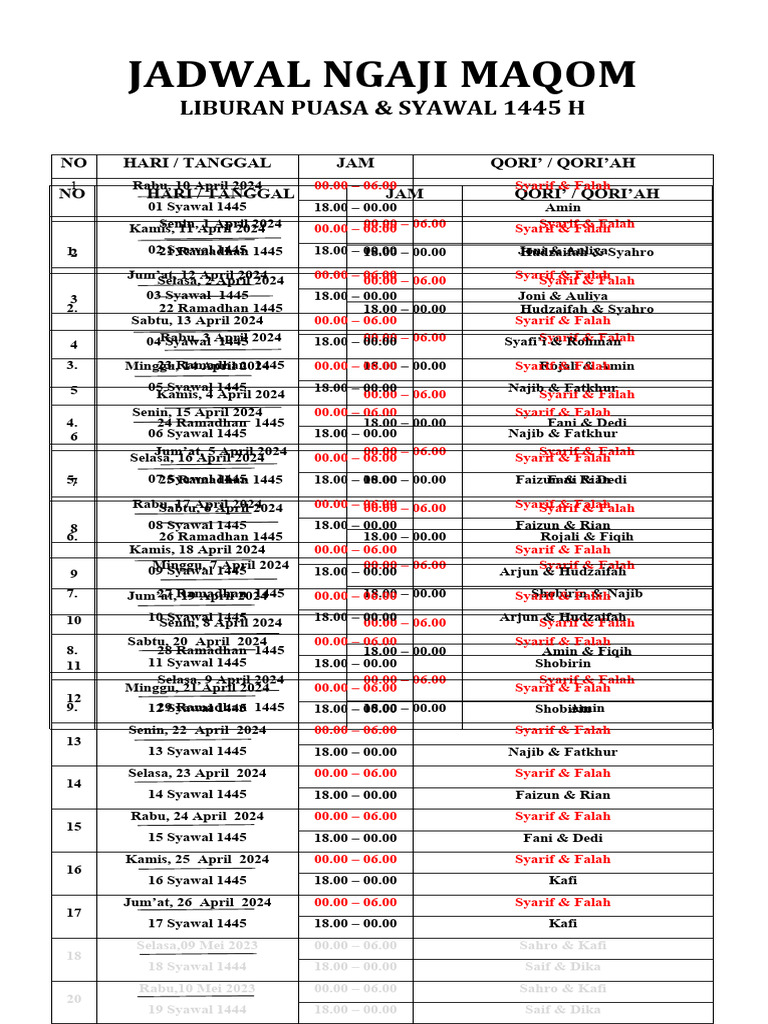Jadwal Ngaji Maqom Liburan Syawal | PDF