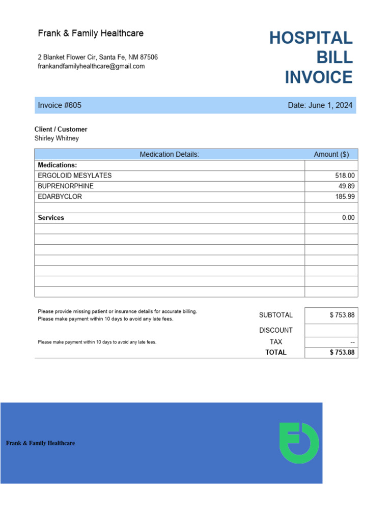 Hospital Bill Invoice Template | PDF