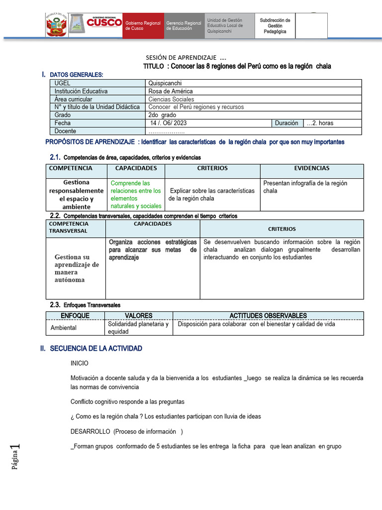 Sesión 2do Ccss La Región Chala s3 | PDF | Aprendizaje | Maestros