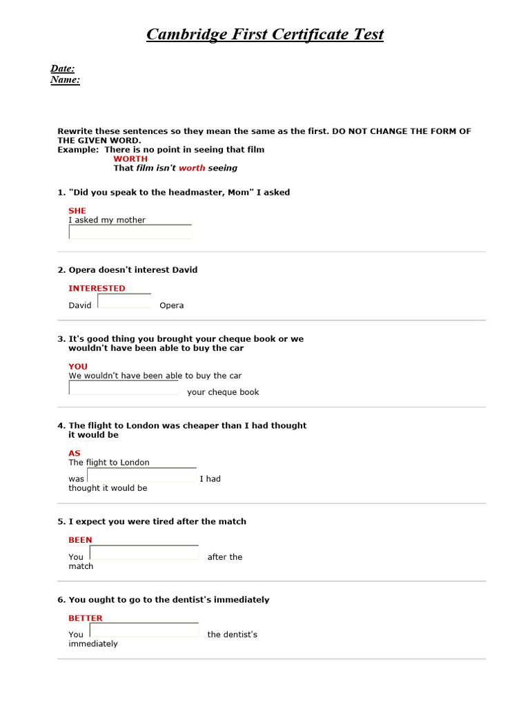 Cambridge First Certificate Test | PDF