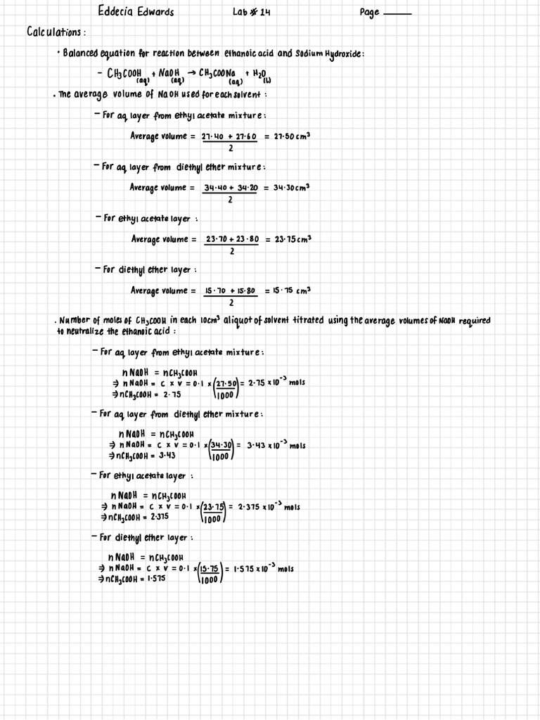 Calculations For Chem Lab 14 | PDF