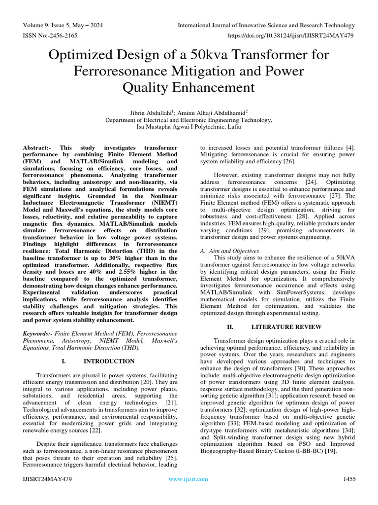 Optimized Design Of A 50kva Transformer For Ferroresonance Mitigation And Power Quality