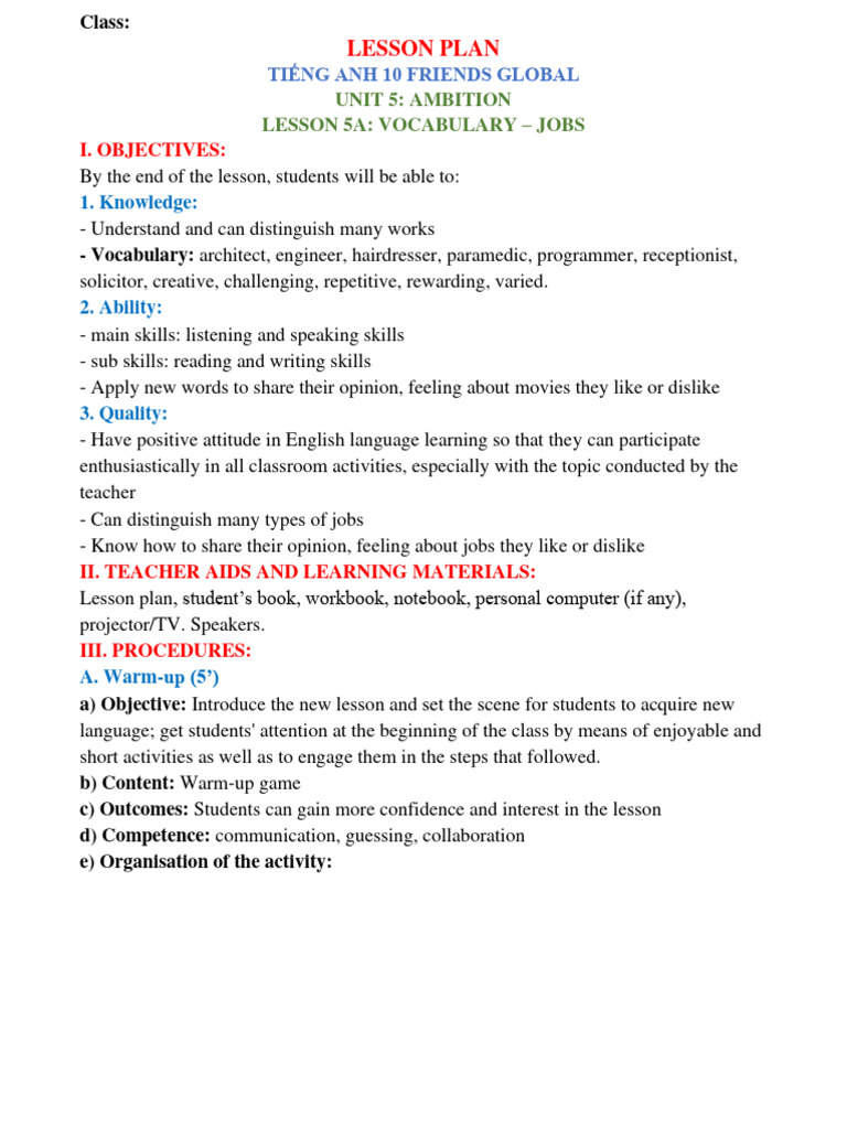 Lesson Plan 5A English 10 | Download Free PDF | Lesson Plan | Vocabulary