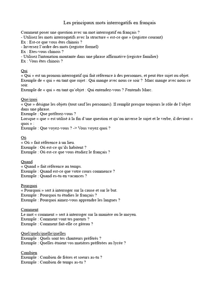 Mots interrogatifs en français | PDF | Évolution de carrière | Arts du ...