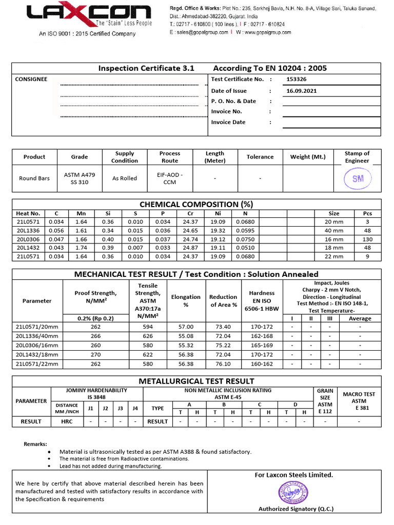 SS 310 Mill TC - 16,18,20,22,40 | PDF | Building Materials | Metals