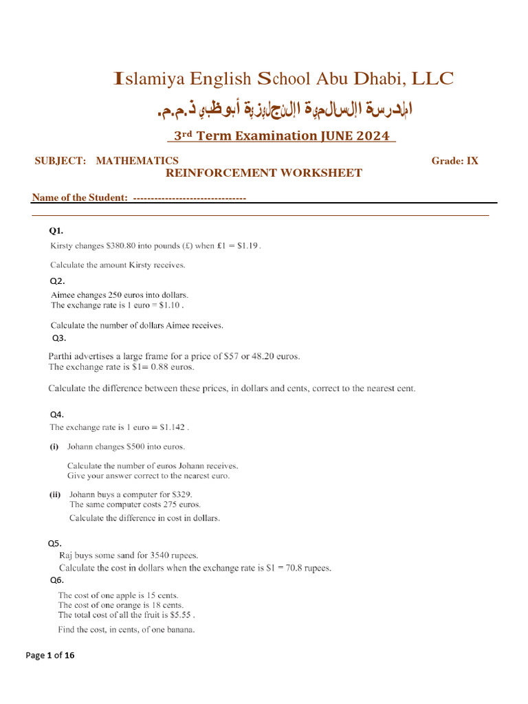 Grade 9 - Reinforcement Worksheet For 3rd Term Exam UPDATED 12 MAY 2024 ...
