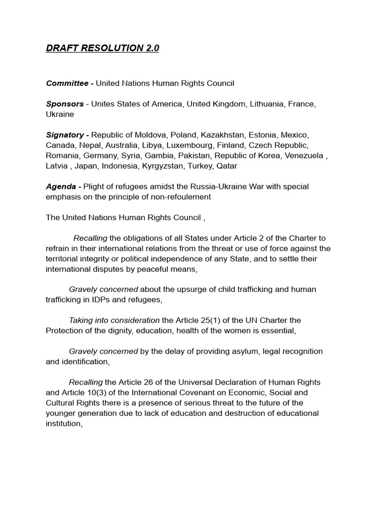 Sample DRAFT RESOLUTION | PDF | Refugee | Human Rights