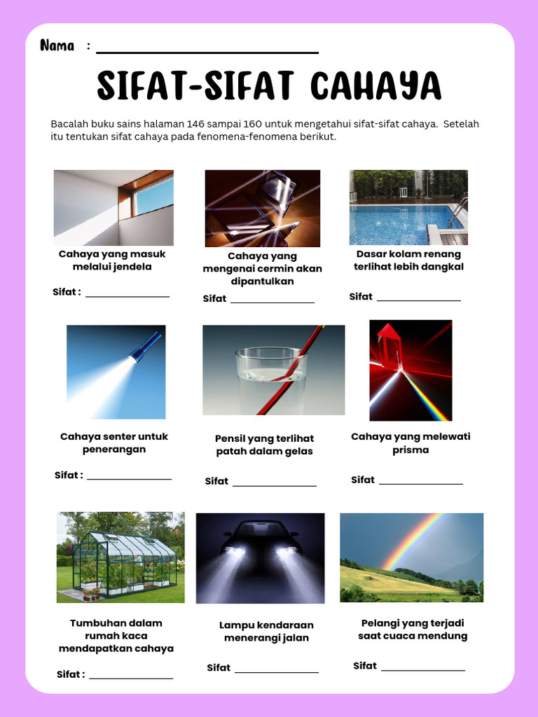 Worksheet Sifat Cahaya | PDF