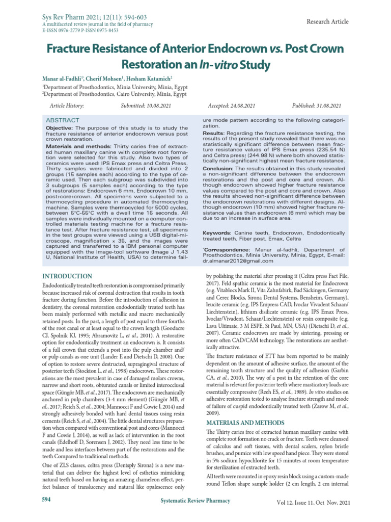 Fracture Resistance: Endocrown vs. Post Crown | PDF | Dentistry ...