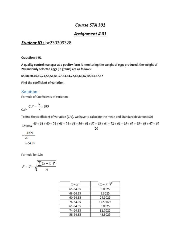 STA 301 Assignment 1 Solution | PDF | Coefficient Of Variation | Median