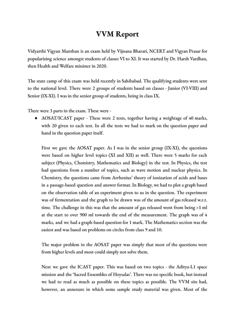 VVM Exam Report: Insights and Experiences | PDF | Physics | Science
