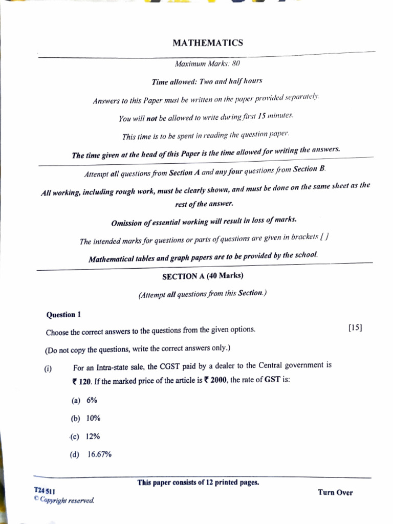 Icse Class 10 Maths 2024 Board Question Paper | PDF