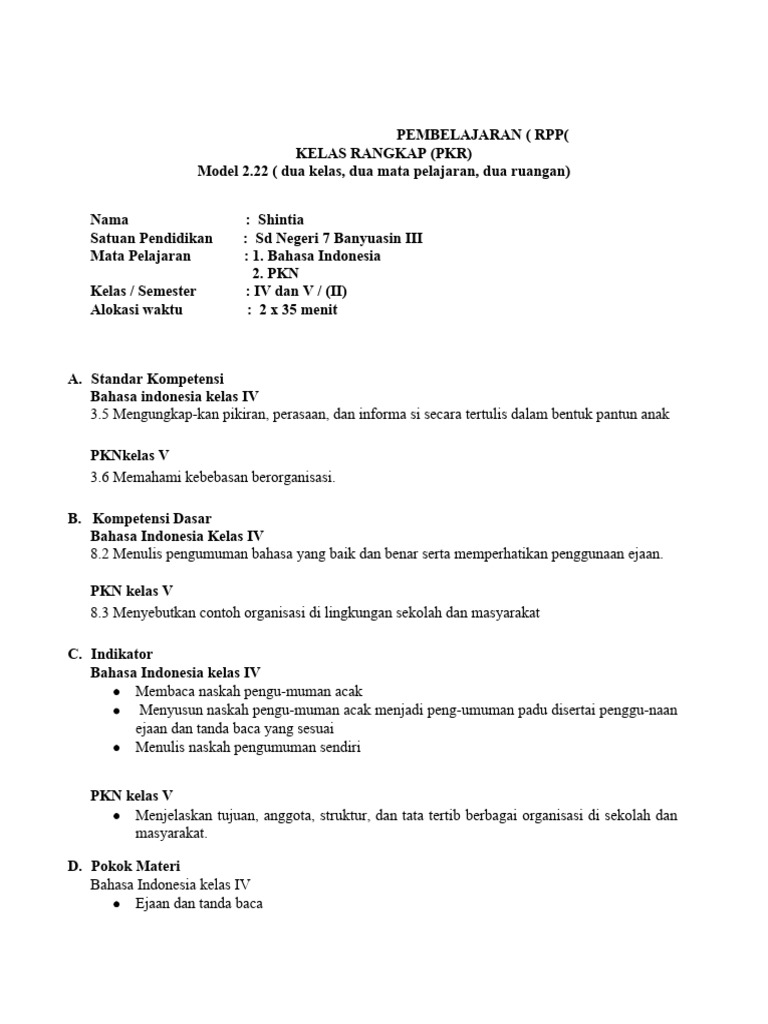 RPP PKR Model 222 Kelas 4 Dan 5 Ips PKN | PDF | Karier & Perkembangan
