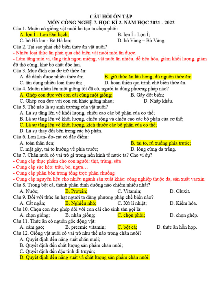 CÂU HỎI ÔN TẬP CN7 | PDF